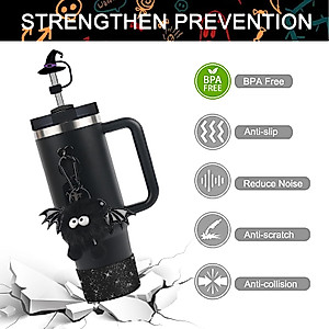 BELSITA Halloween Stanley Cup Accessories Set, Black Cartoon Devil Brid Witch Hat Straw Cap Design Water Bottle Decoration, Silicone Stanley Cup Boot, Stanley Charms for Stanley Cup 30/40oz Tumble