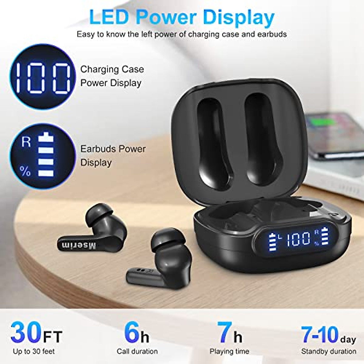 Mserim Wireless Earbuds, Bluetooth Earbuds, Clear Call Headphones with Microphone,IPX5 Waterproof Earphones,30 Hours Playtime, Voice Assistant, for iPhone Android PC Music Sport(Black)