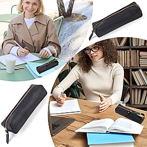 GORGECRAFT Leather Pencil Case Crazy Horse Large Capacity Genuine Leather Pencil Pouch Rectangular Portable Zippered Pen Cases with Zipper for Men and Women Office Supplies Pen Case, Black