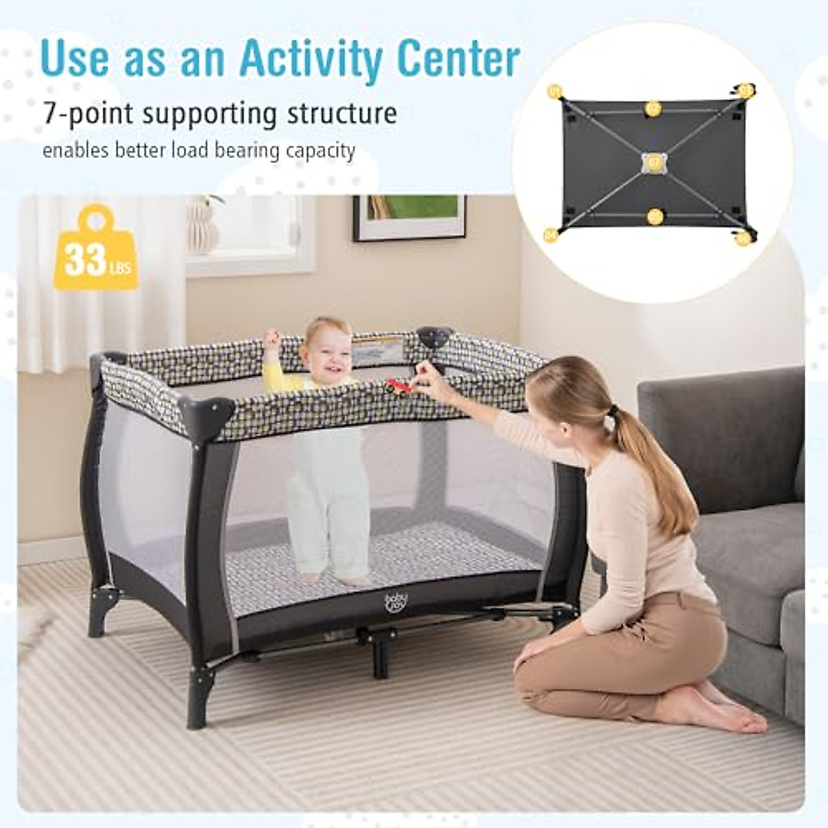 BABY JOY 4 in 1 Pack and Play, Portable Baby Playard with Bassinet, Adjustable Canopy, Changing Table, Lockable Wheels, Glowing Music Box, Travel Baby Crib Bassinet Bed from Newborn to Toddler Grey