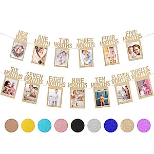 Whaline 1st Birthday Baby Photo Banner for Newborn to 12 Months, Monthly Milestone Photograph Bunting Garland, First Birthday Celebration Decoration (Champagne Gold)