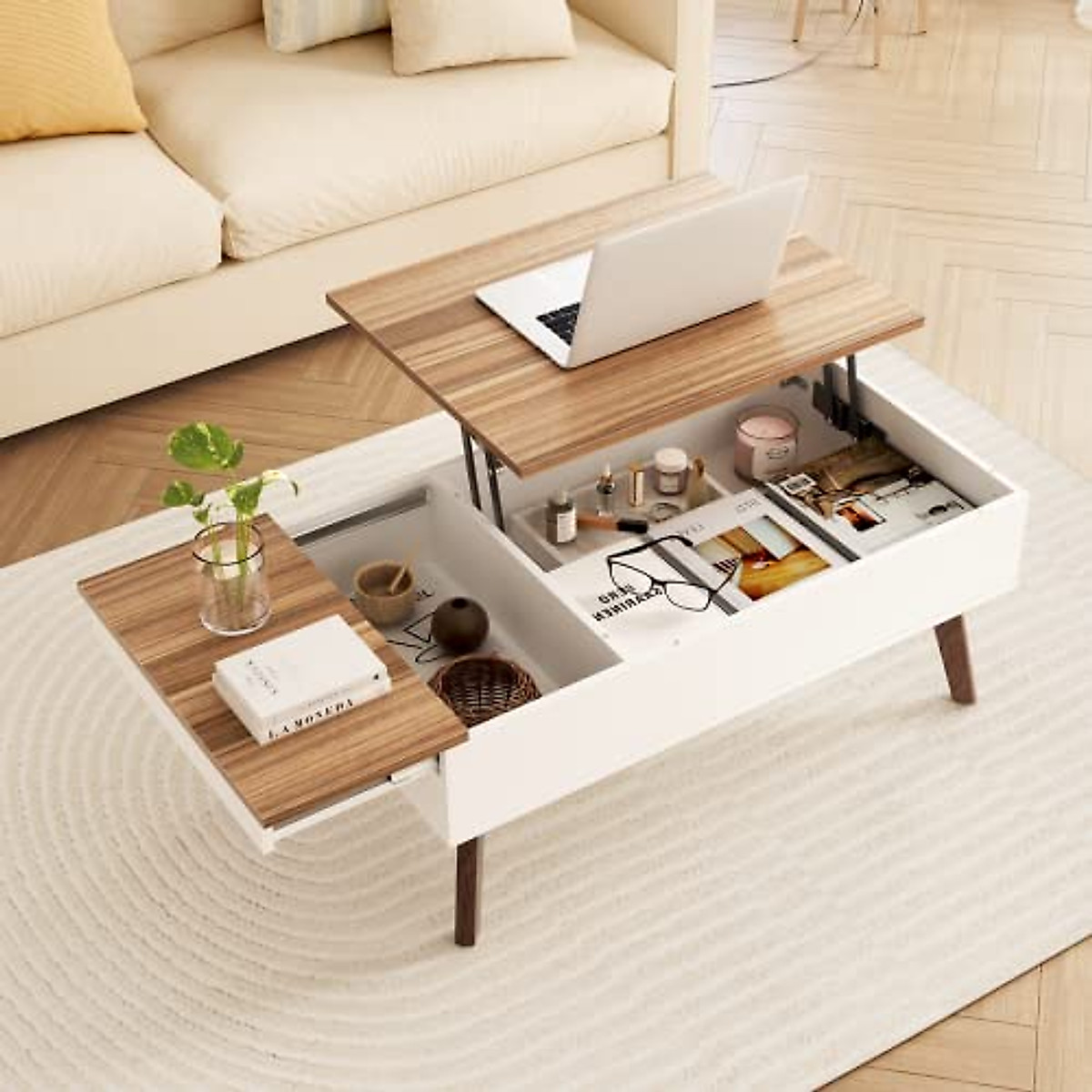 Bidiso Lift Top Coffee Table, Ten Minute Install Coffee Table Center Table with Hidden Storage Compartments, Rising Tabletop Dining Table Coffee Table for Living Room，Walnut