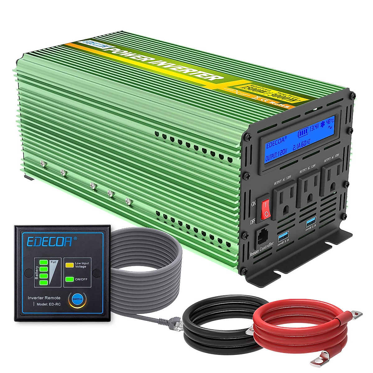 EDECOA 1500W Pure Sine Wave Power Inverter DC 12V to 120V 110V AC Converter with Remote Controller (1500 Watts 12V)