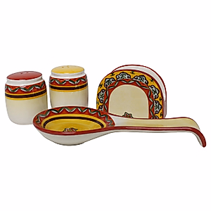 EuroCeramica Galicia Spanish Dinnerware and Serveware Collection, 4-Piece Tableware Necessities Set, Salt and Pepper Shaker, Spoon Rest, Napkin Holder, Multicolor