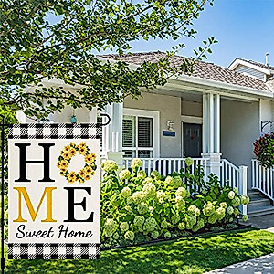 QWETRY Sunflower Home Sweet Home Garden Flag for Outside Summer Flags for Farmhouse Lawn Outdoor Décor, Burlap Vertical Buffalo Check Plaid Flower Small Rustic Yard Flags 12.5 x 18 Inch Double Sided