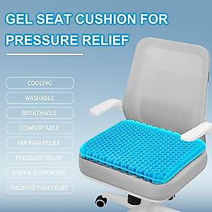 Gel Seat Cushion 2.4 Inch Thick, Double Thicken Layer, Relief Tailbone Pressure, Breathable Honeycomb Design Gel Cushion with Washable Non-Slip Cover for Office Chair, Car Seat, Wheelchair (Blue)