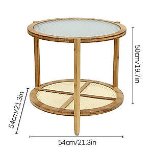 Gdrasuya10 Modern Bamboo Side Table End Table, 2 Tier Round Side Table with Rattan Shelf Glass Tabletop Accent Table Night Stand Bohemia Style for Living Room Balcony (22 inch)