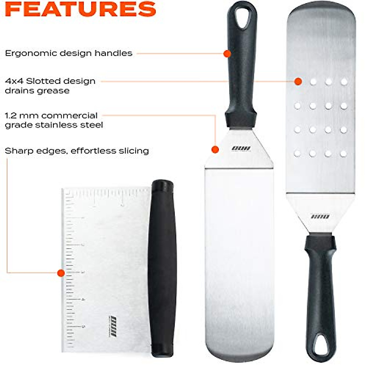 OUII Flat Top Griddle Accessories Set for Blackstone and Camp Chef Griddle - 14 Pieces Set with Griddle Cleaning Kit & Carry Bag! Metal Spatula, Griddle Scraper, Egg Rings for Teppanyaki & Gas Grill