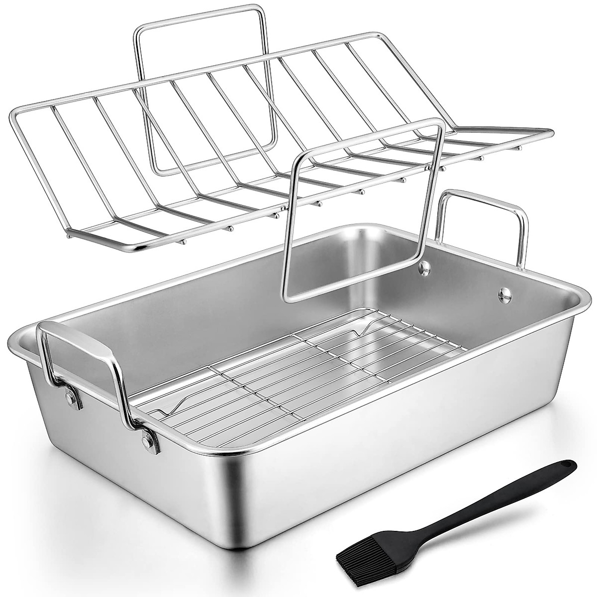 Stainless Steel Roasting Pan with Rack, HaSteeL Large 15.2In Lasagna Roaster Pan, Baking Rack, V-shaped Rack & 8In Basting Brush, Great for Turkey/Chicken/Veggies, Heavy Duty & Dishwasher Safe - 4Pcs