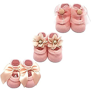 Elesa Miracle 3 Pairs Baby Girl Newborn Baby Photography Props Anti Slip Flower Pearl Bownote Socks