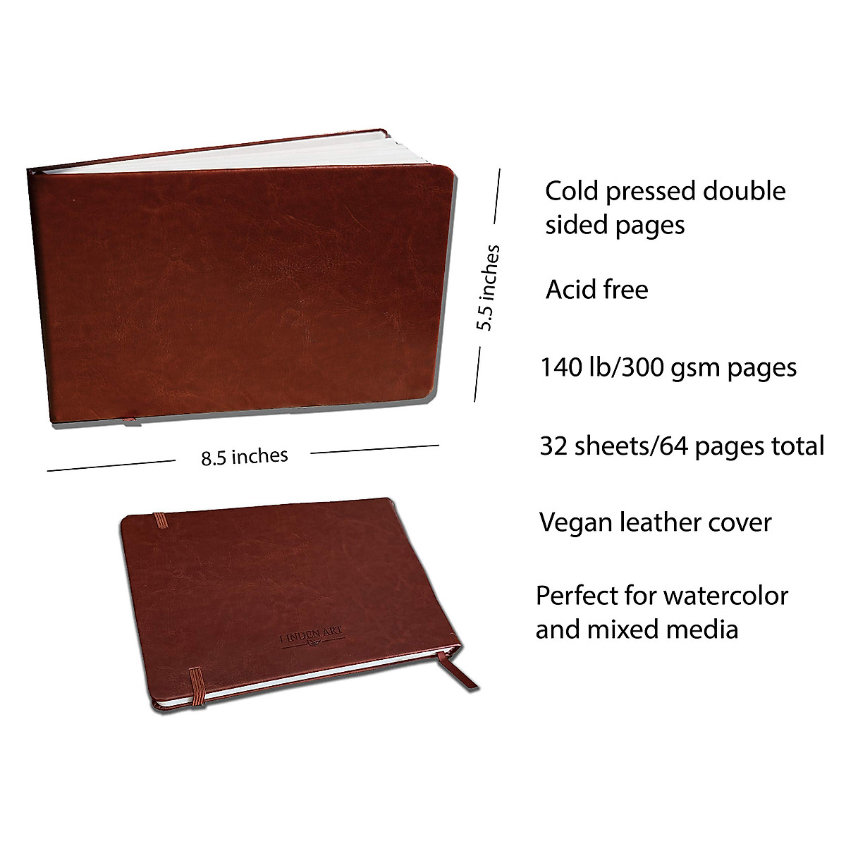 Linden Art Watercolor Journal, 140 lb (300 GSM), 64 Cold Pressed 8.5"x5.5" Pages, Watercolor and Mixed Media Travel Journal, Brown PU Leather Hard Cover