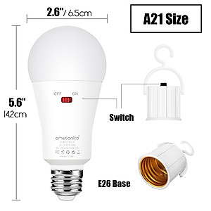 Emotionlite Rechargeable Emergency Light Bulb, 1800mAh Battery Backup for Home Power Failure, Outage Emergency Reading Lighting Camping Hurricane, 3 Brightness Dimmable, Warm White, E26 Base, 1 Pack