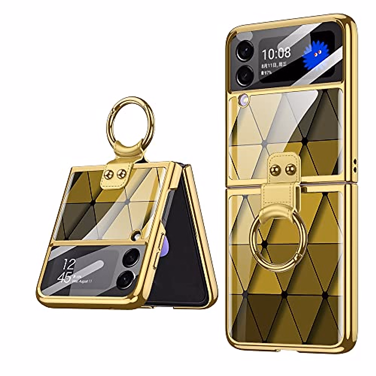 SHIEID Samsung Z Flip 4 Case, Z Flip 4 Case with Ring Phone Case, Electroplating Color Painting Tempered Glass Protective Cover for Samsung Galaxy Z Flip 4 5G, Rhombus Yellow