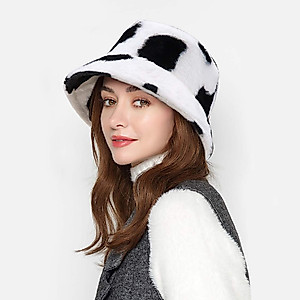 XYIYI Cow Print Furry Bucket Hat Fluffy Winter Warm Fisherman Cap Gifts for Women Teen Girls
