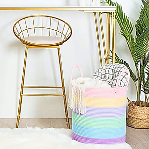 MINTWOOD Design Large Decorative Woven Cotton Rope Basket, Tall Laundry Basket Hamper, Blanket Basket for Living Room, Storage Baskets for Toys, Towel, Throw, Pillow, 60L Pastel Rainbow