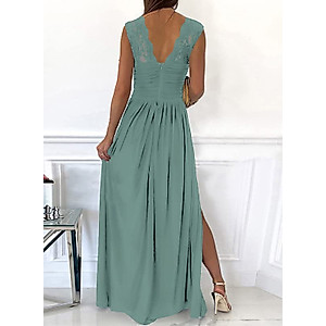 Dokotoo Womens Ladies Elegant Floor Length A Line Wrap Deep V Neck Backless Ruched Pleated Ruffled Split Long Maxi Formal Evening Party Prom Dress Bridesmaid Wedding Guest Dresses for Women Green L