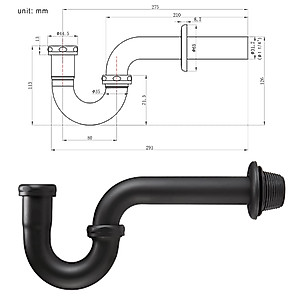 18 Gauge Solid Brass P-Trap 1 1/4” OD, Heavy Duty Brass Tubular J Bend Pipe Connector, Decorative Bathroom Basin Sink Waste Trap Drain Kit with Flange and Gasket Washers, Matte Black
