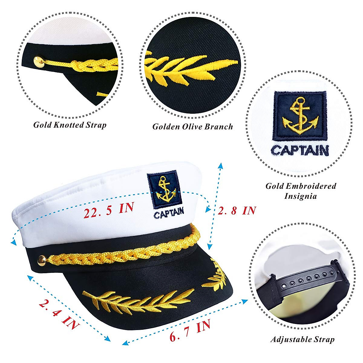 2 Pieces Navy Marine Admiral Style Hat - Adjustable Ship Sailor Cap Yacht Boat Captain Hat Funny Party Hats for Adult Costume Accessory