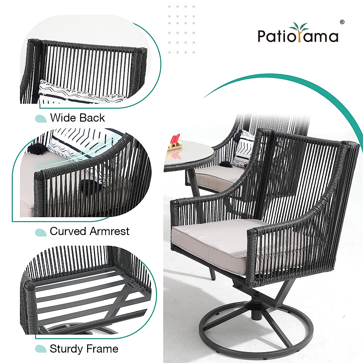Patiorama Outdoor Swivel Dining Chairs Set of 6, Patio Wicker Dining Chairs, All-Weather Twisted PE Rattan Chairs, Outside Metal Swivel Chair with Cushion for Lawn Garden Backyard, Black/Light Gray