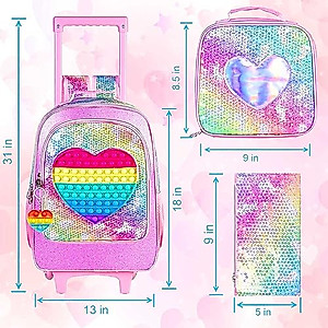 CCJPX 3PCS Kids Rolling Backpack for Girls, Unicorn Roller Wheeled Bookbag Toddler Elementary School Bag with Wheels Pink