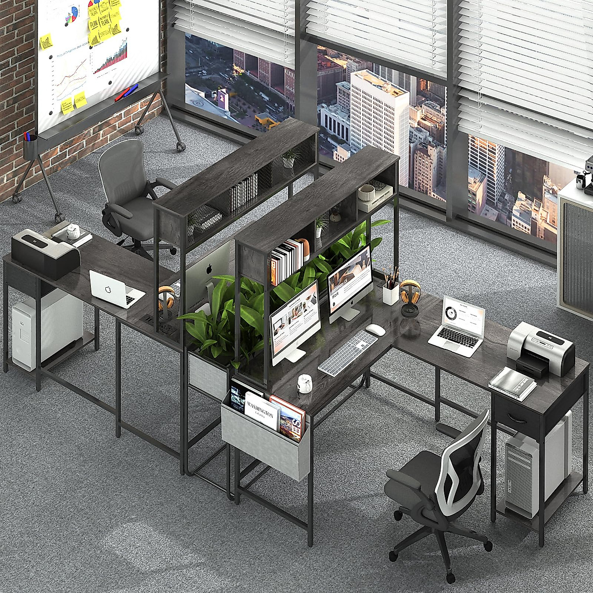 Yoobure L Shaped Desk Gaming Desk with LED Strip & Power Outlet, Reversible L-Shaped Computer Desk with Storage Shelf & Drawer, Corner Desk with Storage Bag, 2 Person Home Office Desk, Gray