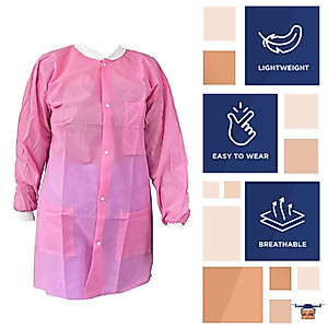 EZGOODZ Light Pink Disposable Lab Coats for Adults, X-Large. 10 Pack Medical PPE Coat. SPP 45 GSM Painting Lab Coat with Cuffs, Collar, Plastic Snaps, 3 Pockets. Splash-Proof Disposable Coats Medical