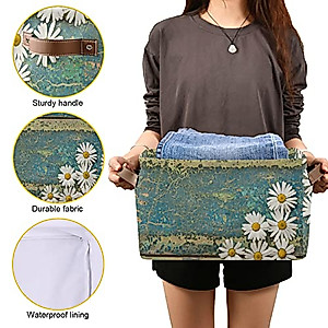 Flower Floral Daisy Wood Storage Bin Canvas Toys Storage Basket Bin Large Storage Cube Box Collapsible with Handles for Home Office Bedroom Closet Shelves，2 pcs