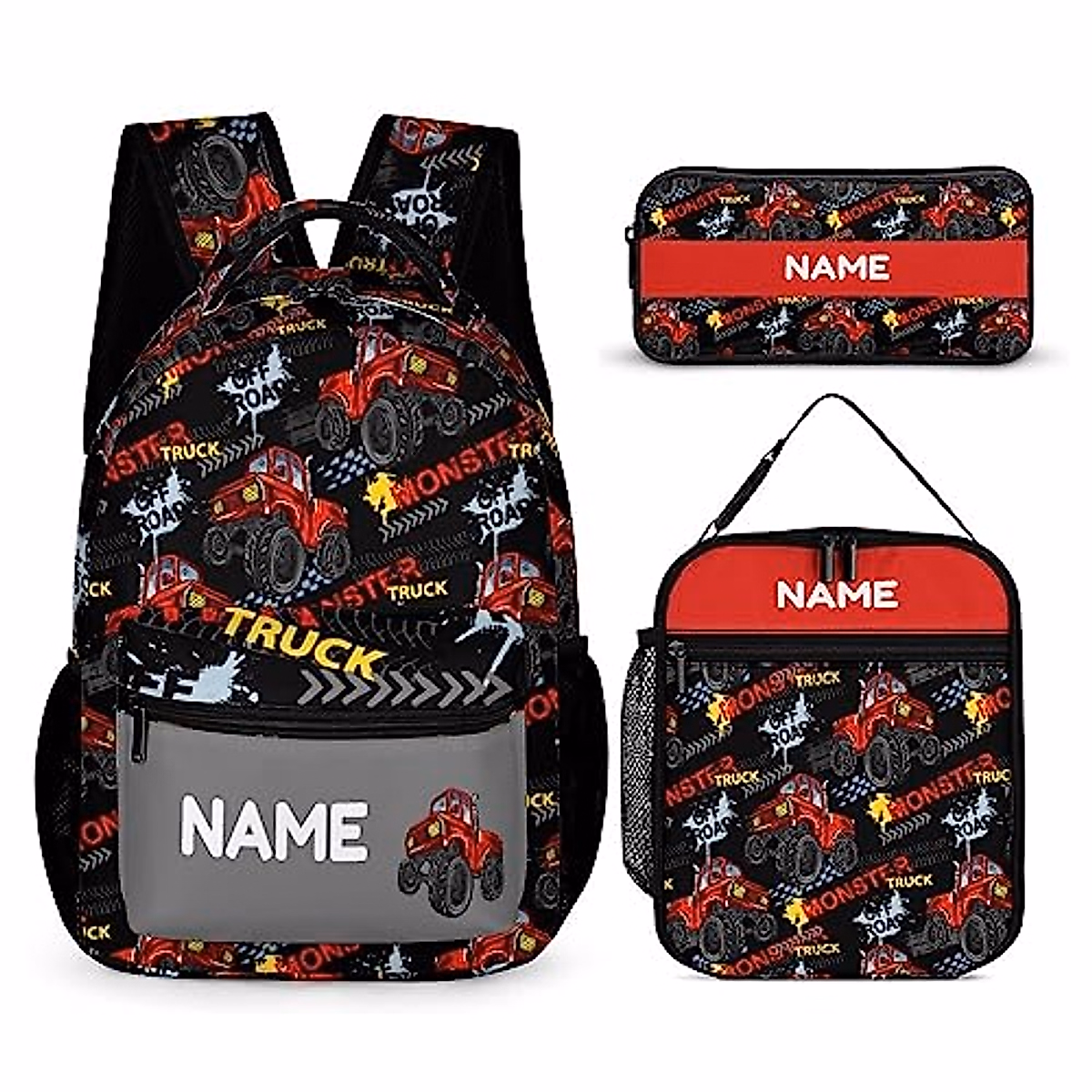Mrokouay Custom 3Pcs Backpack Set Personalized Truck Car Red School Bag with Lunch Bag Box Pencil Case Customized Backpack for Student Teens