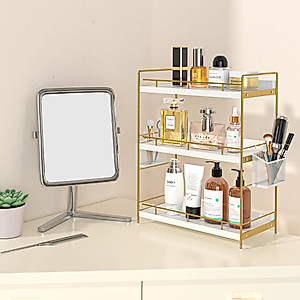 Bathroom Organizer Countertop ,3 Tiers Bathroom Countertop Organizer,Bathroom Counter Organizer With Basket,Gold Vanity Organizer Countertop Table for Skincare Cosmetics, Dressers, Cosmetic Organizerr