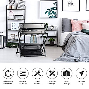 Tangkula Luggage Rack, Folding Metal Suitcase Luggage Stand, Double Tiers Luggage Holder with Shoe Shelf, Luggage Stand for Bedroom, Guest Room, Hotel (Black)
