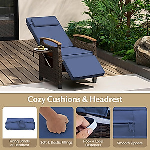 RELAX4LIFE Rattan Outdoor Recliner Chair - Wicker Chaise Lounge Chair w/Adjustable Back & Footrest, Acacia Wood Armrests, Flip Side Table, Cushion, Reclining Patio Chair for Pool Yard (1, Navy)