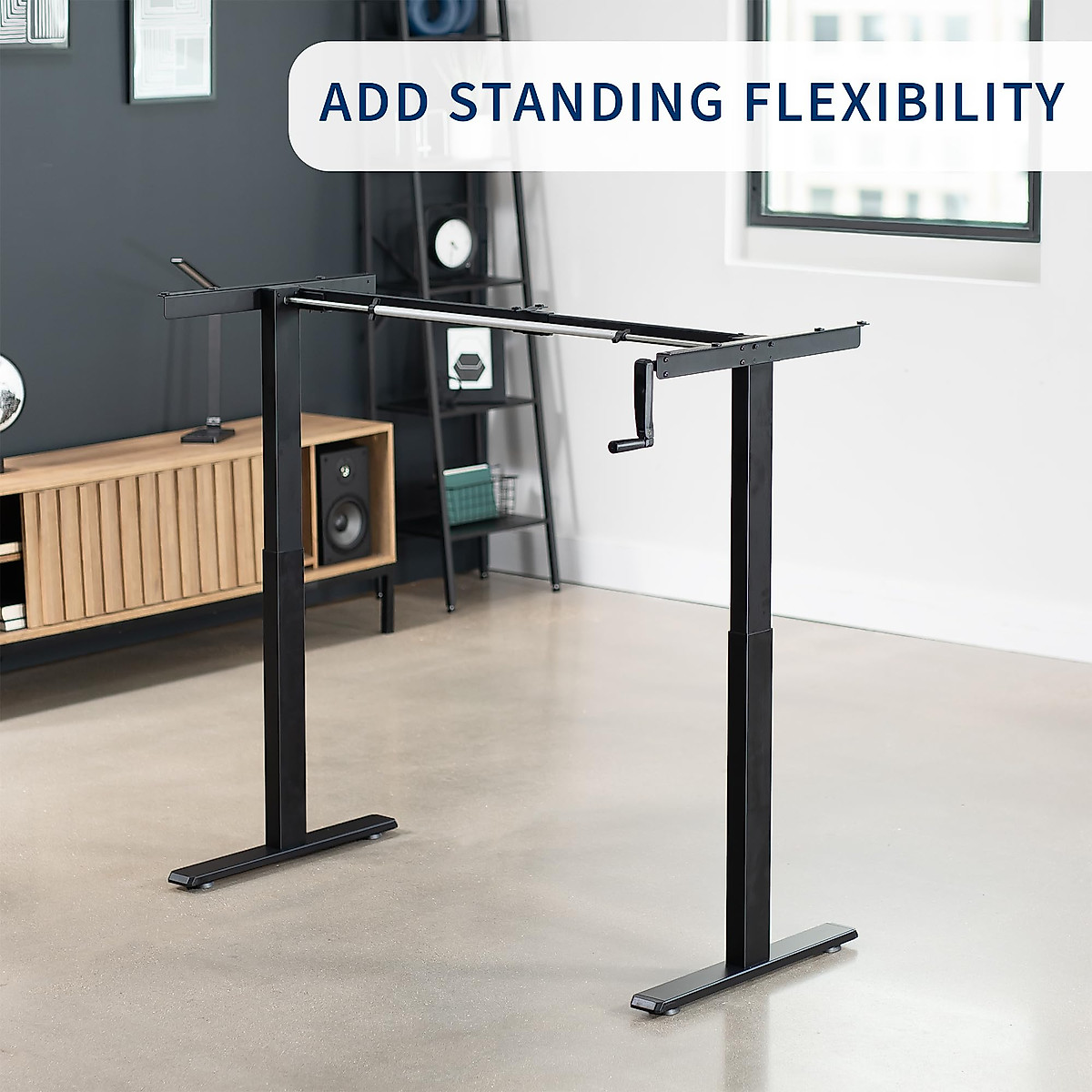 VIVO Black Manual Height Adjustable Stand Up Desk Frame with Hand Crank System, Ergonomic Standing 2 Leg Workstation, DESK-V101M