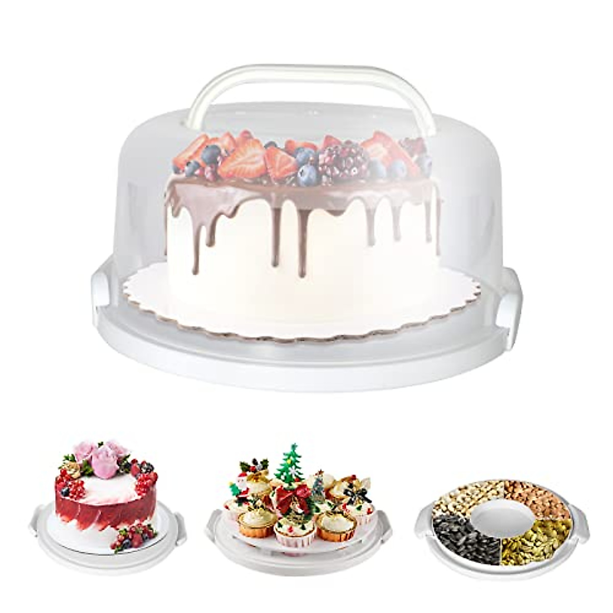 Garmeinea Cake Carrier Cupcake Containers with Lid and Handle Portable Storage & Transport Container Holder 10” Cake Stand for Cake Cupcakes Nuts Pies Muffins Cookies Fruit White