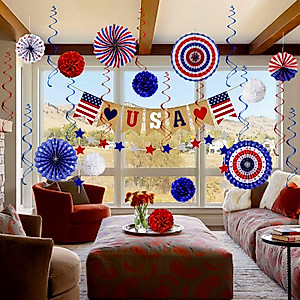 26Pcs Patriotic Decorations 4th of July Decor - LOVE USA Banner Red White Blue Paper Fans Star Streamer Pom Poms Hanging Swirls for Veterans day,Labor Day,Presidents Day,Flag Day