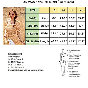 MEROKEETY Women's Plaid Square Neck Ruffle Puff Sleeve Midi Dress Summer Boho Backless Smocked Dress, Beige, Medium