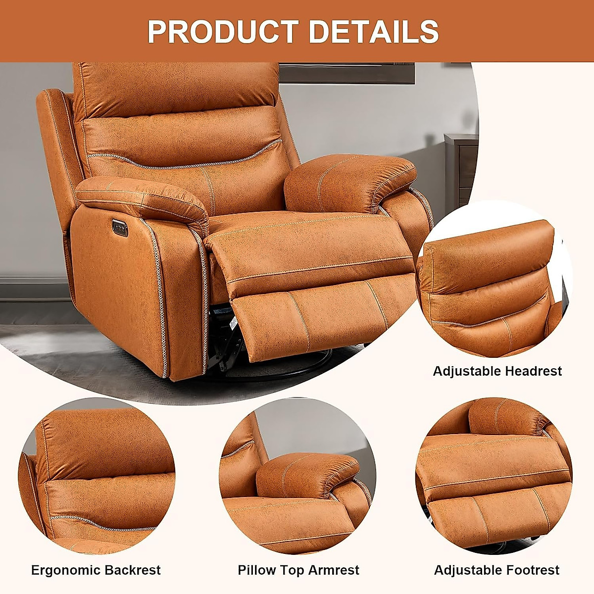 LETSHOME Electric Dual Motor Rocker Recliner USB Ports, 240 Degree Swivel Adjustable Rocking Chair with Power Headrest, Single Sofa Seat with Footrest for Living Room, XL, Brown