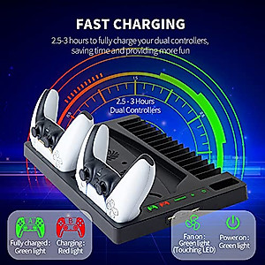 HAPROUND PS5 Vertical Stand with Cooling Fan and Dual Controller Charger - Indicator Lamps and 15 Game Slots, Fast Cooling Through Metal Base, PS5 Console Compatible