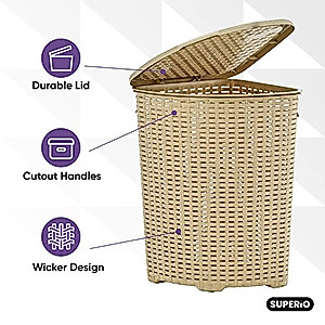 Plastic Corner Laundry Hamper with Lid, Curved Designed Laundry Basket, 2 Pack Triangle Beige Cloths Hamper Organizer with Cut-out Handles for Laundry Room Bedroom Bathroom, Wicker Design, 50 Liter