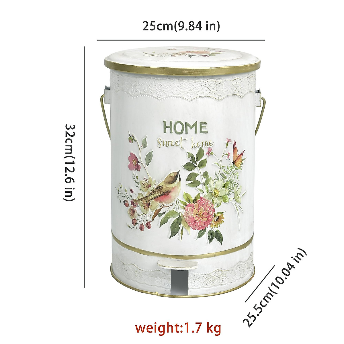 Z&Z ornamentorum Retro Kitchen Trash Can with Lid and Pedal Round Touchless Garbage Cans with Flower and Bird Patterns Outdoor Trash Can for Kitchen Park Garden，Pink