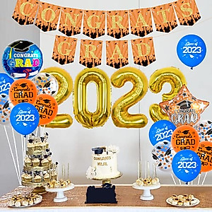 2023 Graduation Decorations Orange Blue, Congrats Grad Banner 2023 Gold Foil Number Balloons Paper Fans lanterns Pom Poms Flowers for Class of 2023 Grad Party Supplies University College Decor