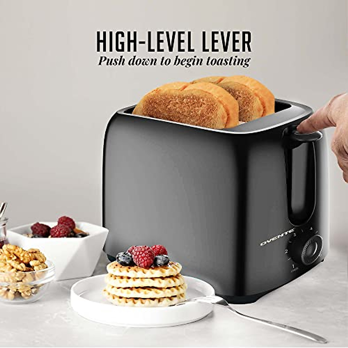 OVENTE Electric Kettle + 2-Slice Toaster Combo, 1.7L Hot Water Boiler with Auto Shut-Off and Boil Dry Protection, Toasting Machine with 6-Shade Settings and Removable Crumb Tray, Black KP72B + TP2210B