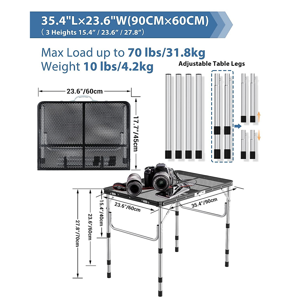 Sportneer Grill Table for Outside, 3ft(L) x 2ft(W) Height Adjustable Camping Table Lightweight Aluminum Folding Portable Metal Folding Outdoor Grill Table for Camping Cooking BBQ RV Picnic (Black)