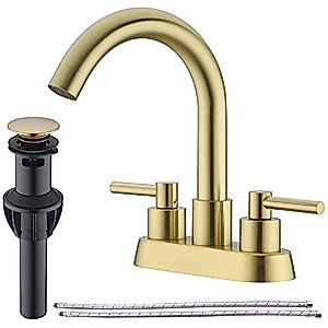 Brushed Gold Bathroom Faucet 2 Handle 4 Inches Centerset Vanity Sink Mixer Tap with Drain Assembly and cUPC Water Supply Lines SUS304 Stainless Steel
