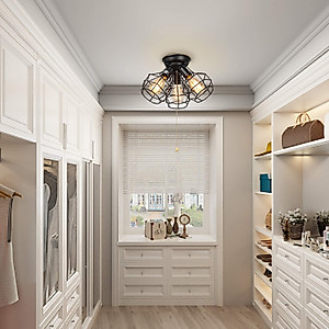 LOG BARN Ceiling Light Fixture with Pull Chain, Wire Cage Light Fixture in Black Finish for Bedroom, Kitchen Island, 15 inches