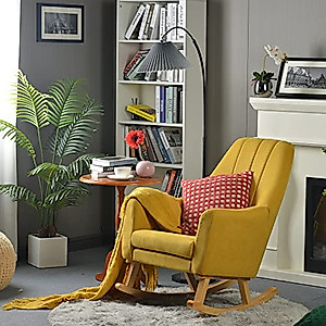 LETESA Nursery Rocking Chair Linen Fabric Upholstered Glider Rocker, Rocking Accent Chair Padded Seat with High Backrest, Armchair Comfy Side Chair for Living Room Bedroom Offices (Yellow)