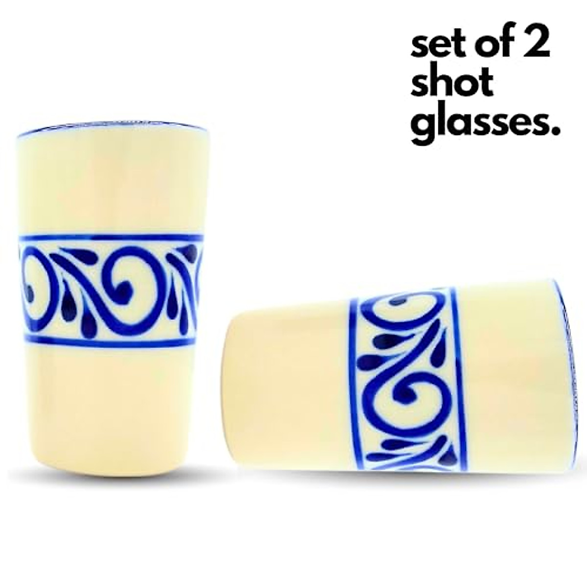 Casa Fiesta Designs Mexican Shot Glasses, Tequilero Mexicano - Hand-painted in Mexico - Great for Tequila, Mezcal and Sangrita, 2 oz set of 2 - Tequilero Colonial White Flores Entre Lineas
