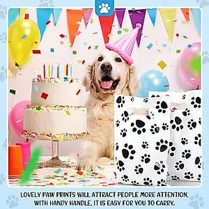 Pasimy 100 Pcs Paw Gift Bags Bulk Pet Plastic Treat Bags Paw Print Favor Bags with Handle Dog Paw Candy Bags Puppy Dogs Goodie Bags Paw Printed Treat Bags for Dog Birthday Party Supplies (White)