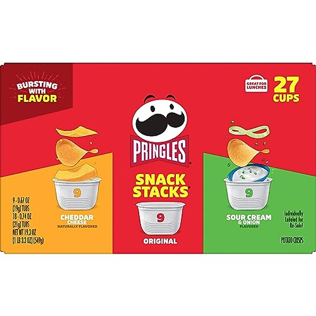 Pringles Potato Crisps Chips, Lunch Snacks, On-the-Go Snacks, Snack Stacks, Variety Pack, 19.3oz Box (27 Cups)​​