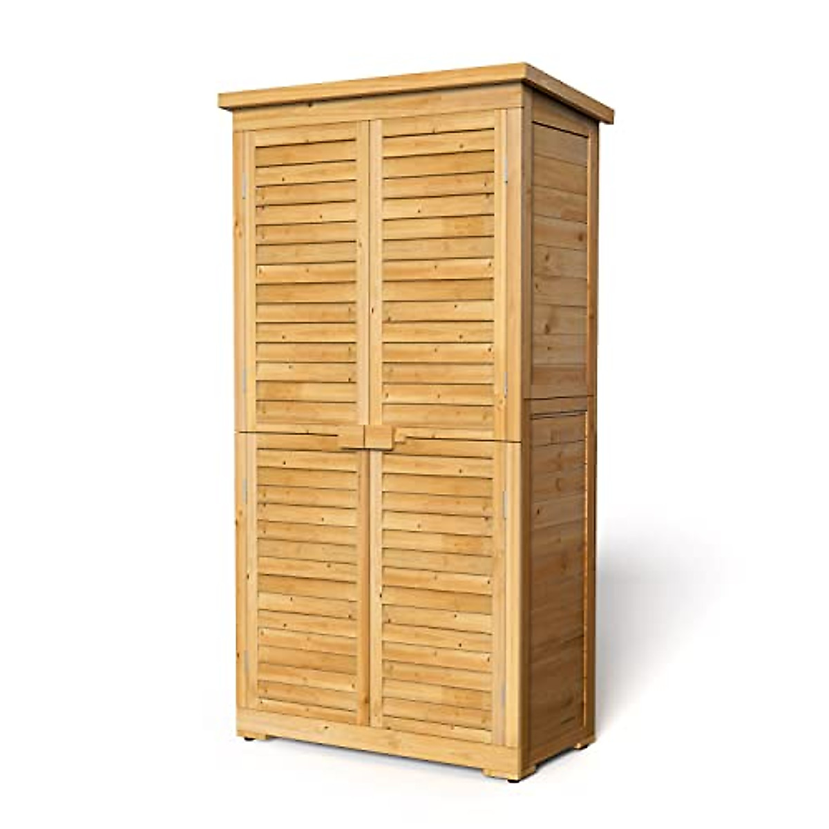 Gizoon Outdoor Storage Cabinet with 3 Shelves, Double Lockable Wooden Garden Shed with Waterproof Roof, Outside Vertical Tall Tool Shed for Yard Patio Lawn Deck-Natural