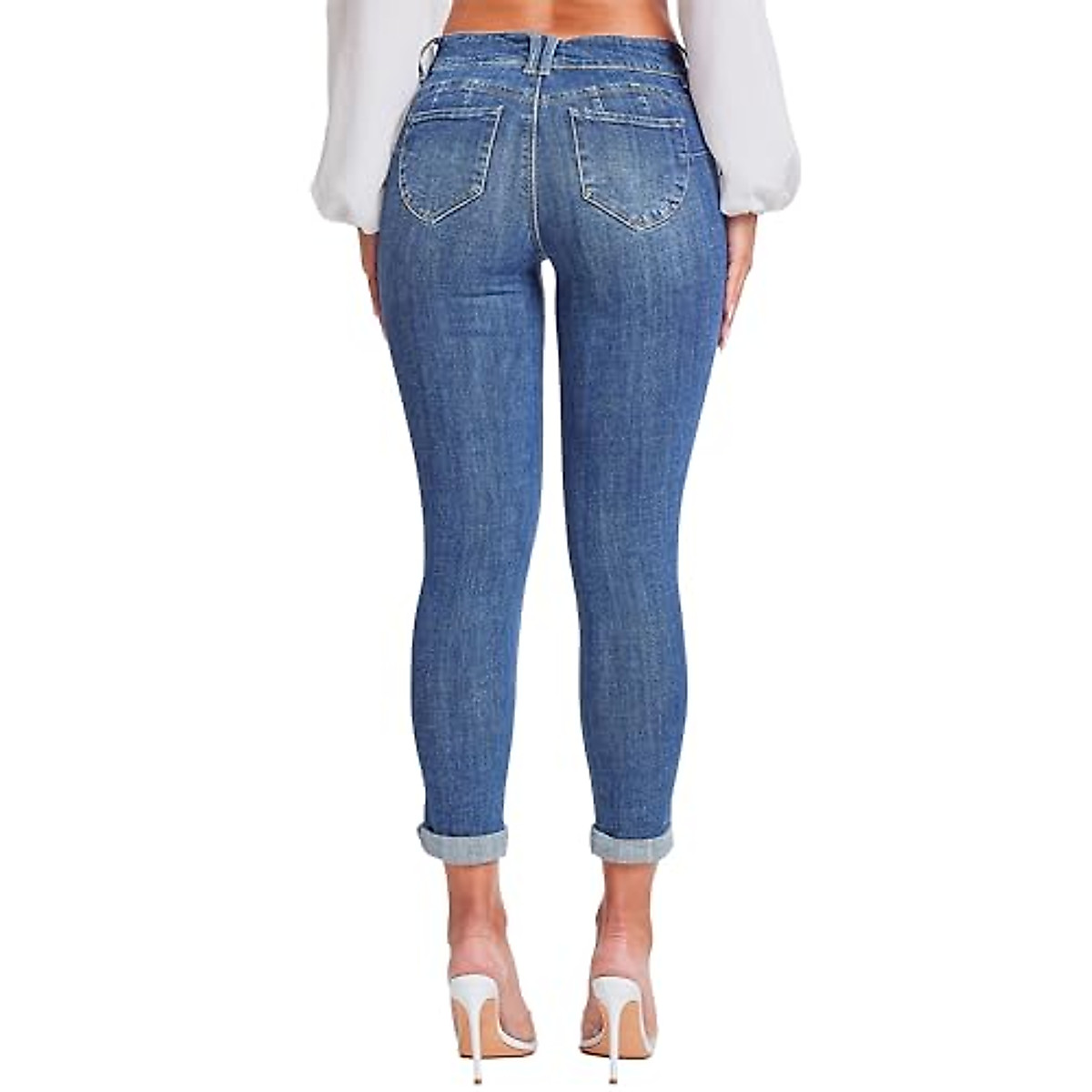 YMI Junior Women’s Wannabettabutt 2 Button Mid Rise Distressed Cuffed Denim Jeans (Medium wash Denim,3)